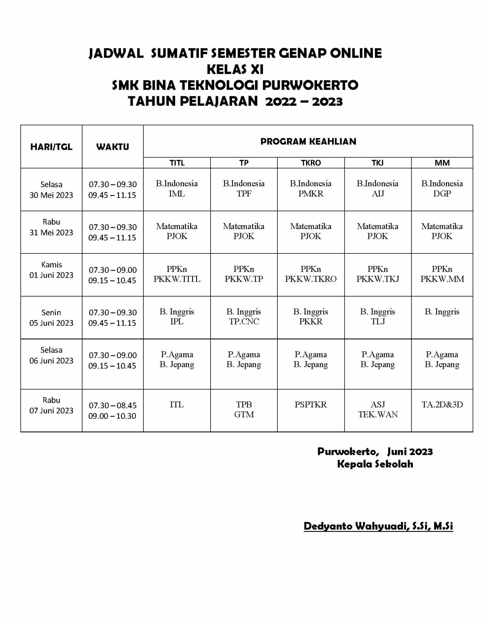 Jadwal Sumatif Semester Genap 2022-2023 - SMK Bina Teknologi Purwokerto